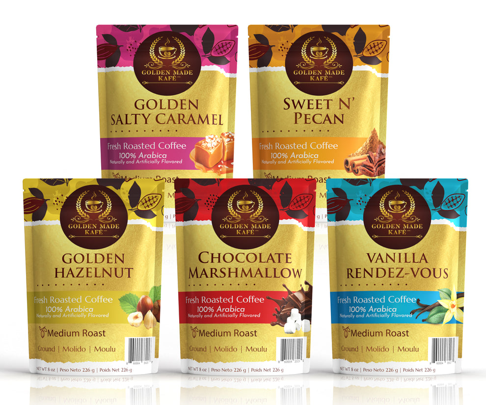 8oz PREMIUM GROUND COFFEE - VARIETY PACK OF 5 FLAVORED COFFEES – GOLDEN ...